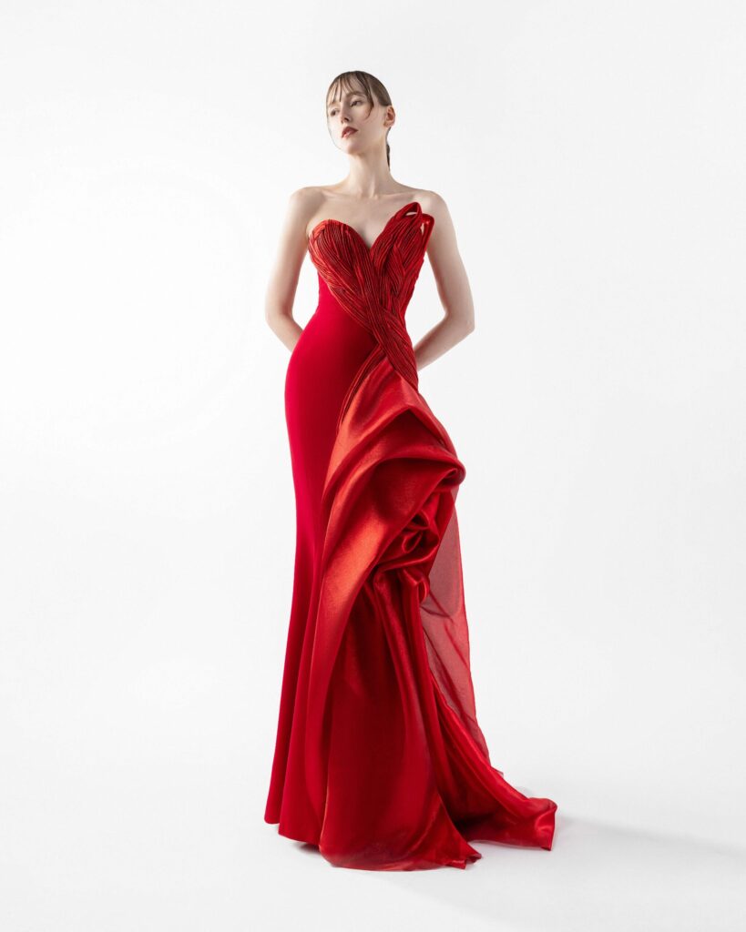Scarlet Opulence Gown with Architectural Draping | Gaby Charbachy